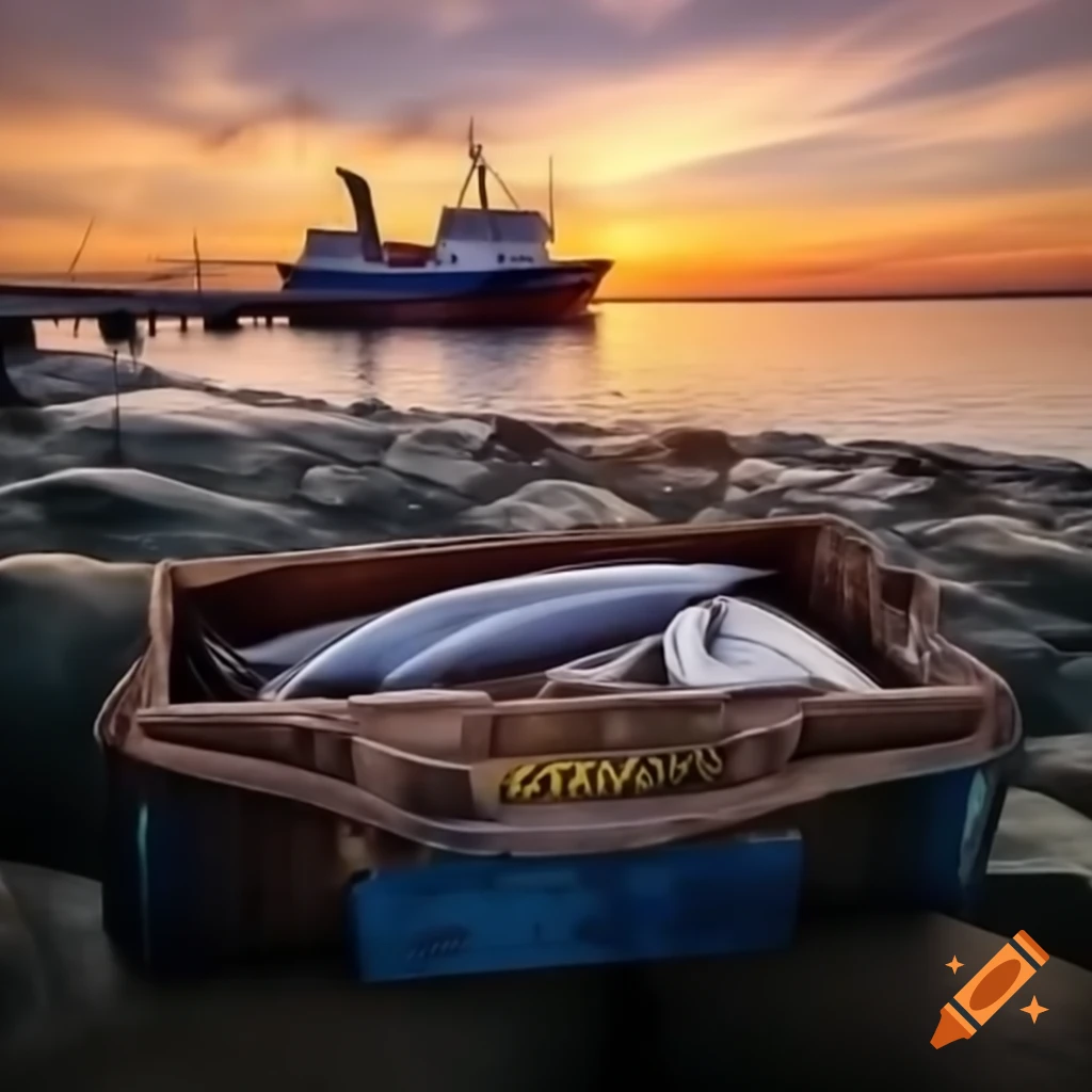 Ship at sunset by the pier with fish box in foreground on Craiyon