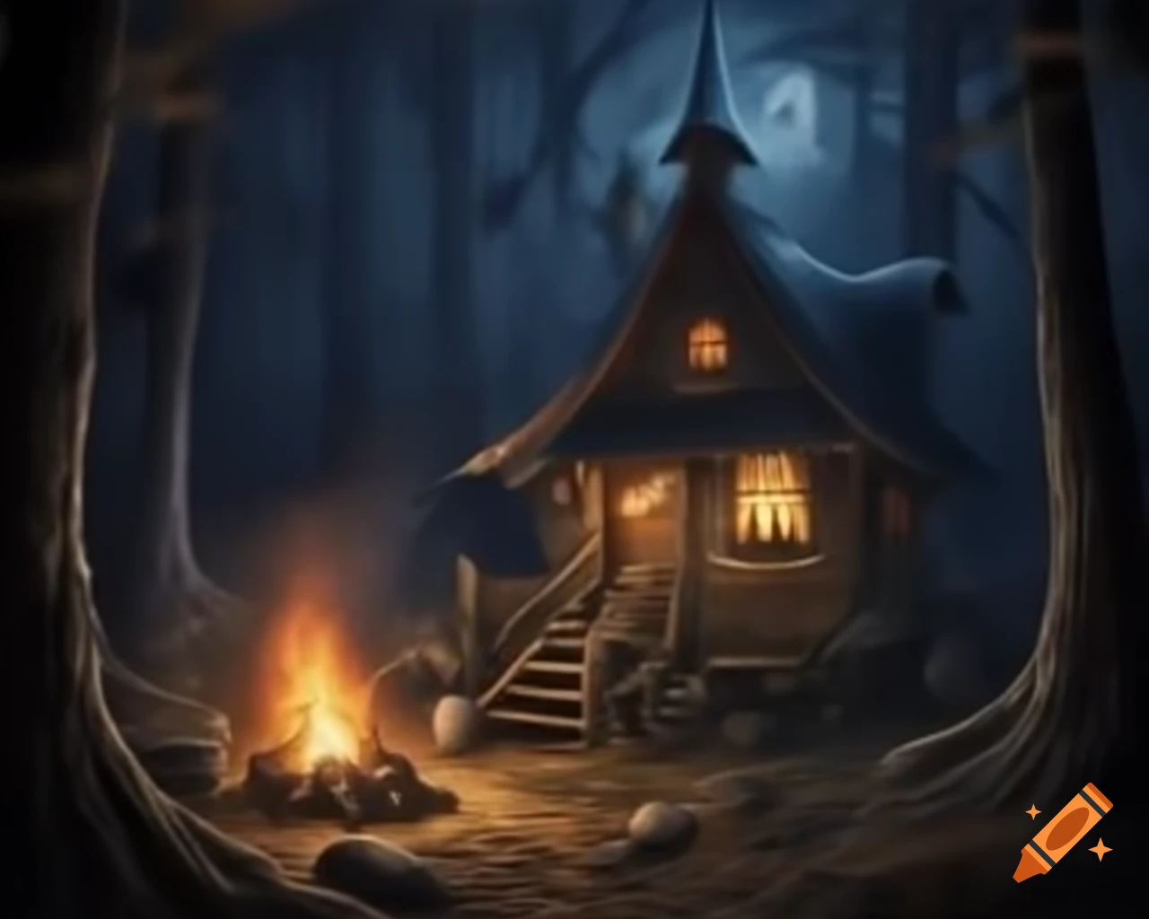Cozy witch cabin by the fireside on Craiyon