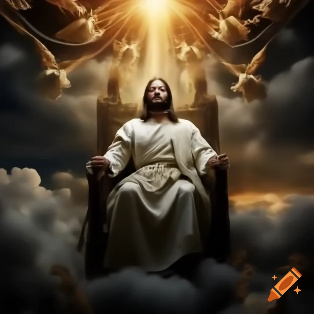 Jesus returning in glory on throne with angels in shining armor on Craiyon