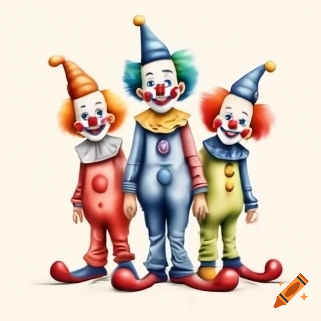 Realistic happy clowns tripping over oversized shoes on Craiyon