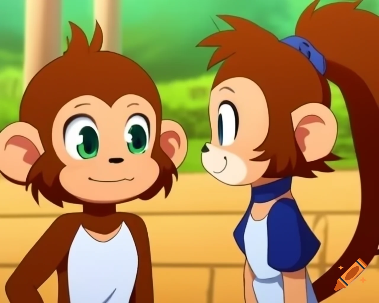 Two anthro monkey girls in a zoo sharing a moment, anime style on Craiyon