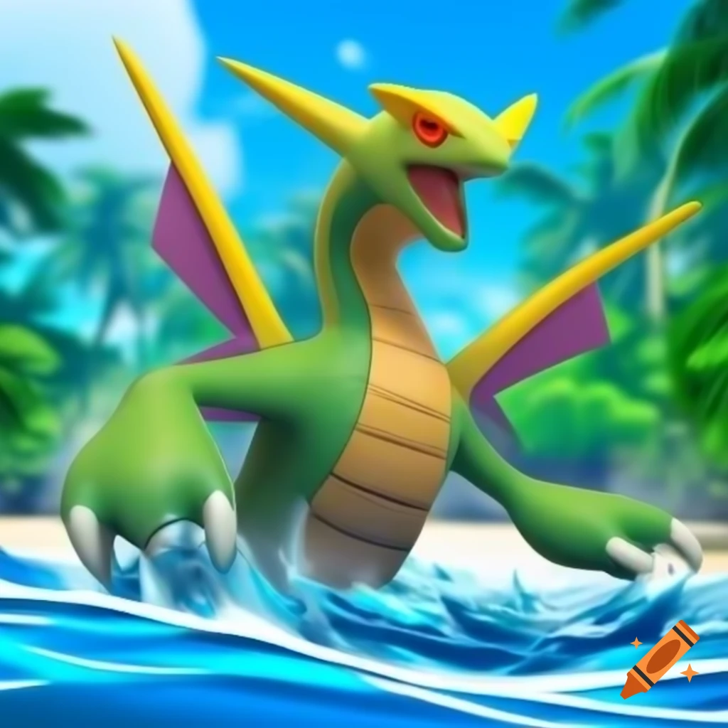 3D rendered legendary lizard Pokemon hybrid in tropical jungle beach ...