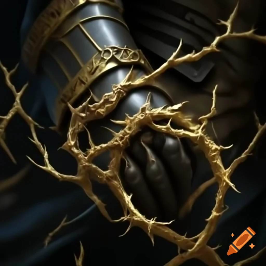 Golden thorned vine entwined around black gauntlet symbolizing control ...