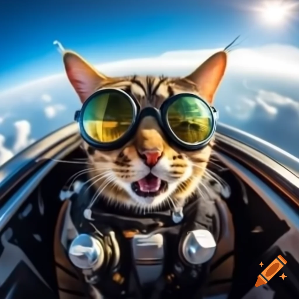 Science fiction cat with goggles soaring in the stratosphere, grinning ...
