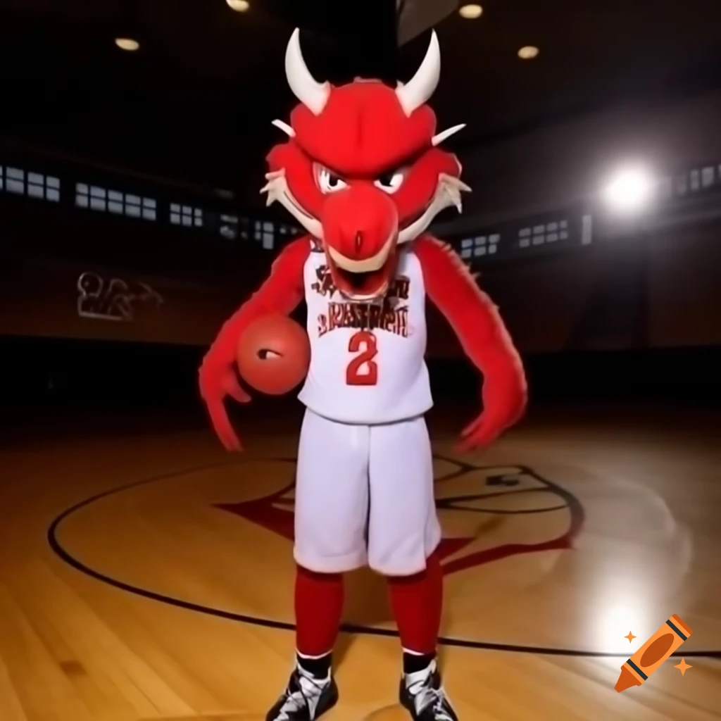 Fire-breathing red dragon in basketball jersey at center court in ...