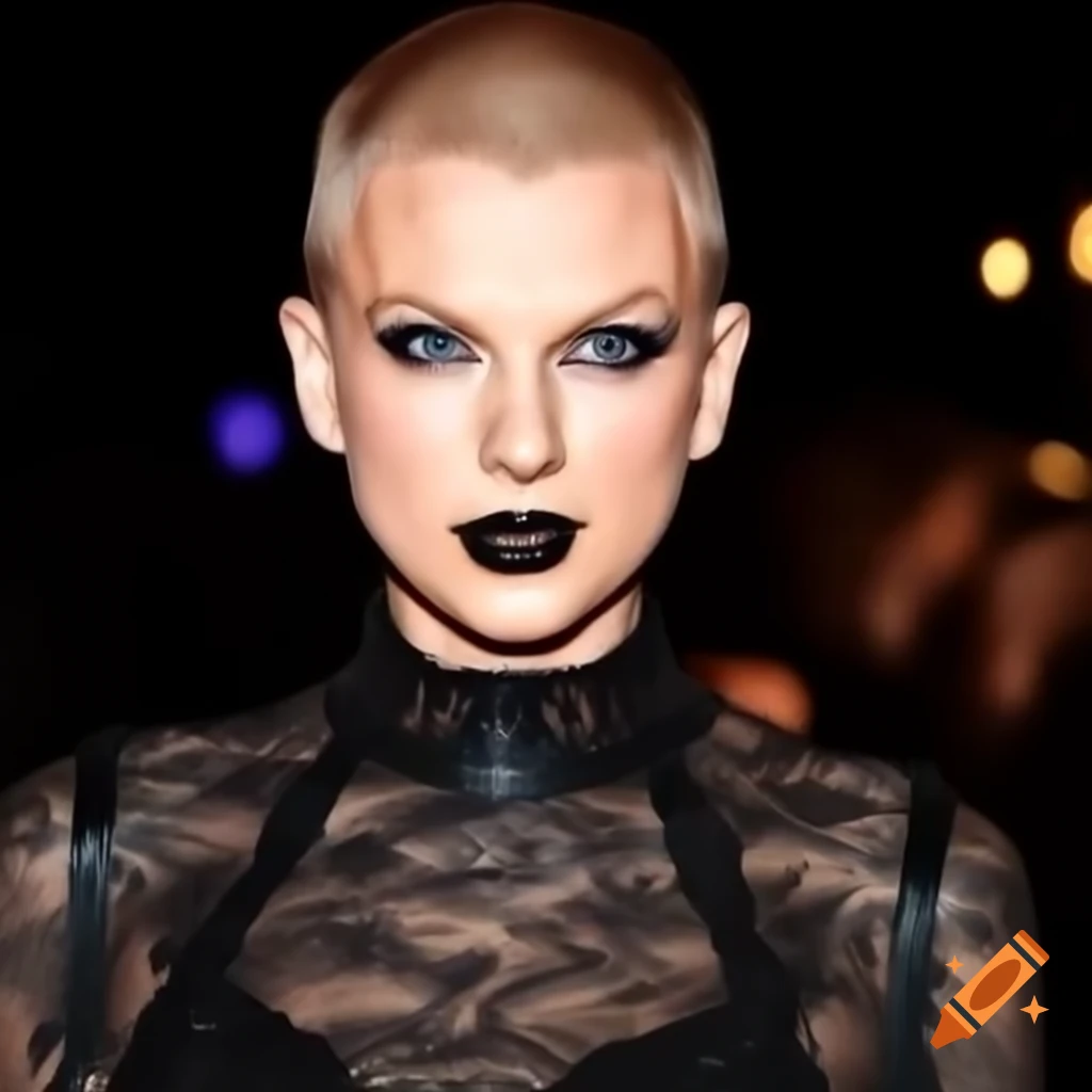 Taylor swift with shaved haircut, dark makeup, and gothic dress in long ...