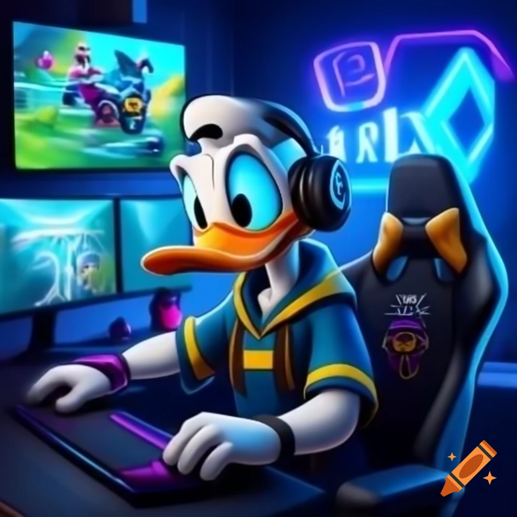 Cartoon donald duck gaming on modern setup in stylish chair on Craiyon