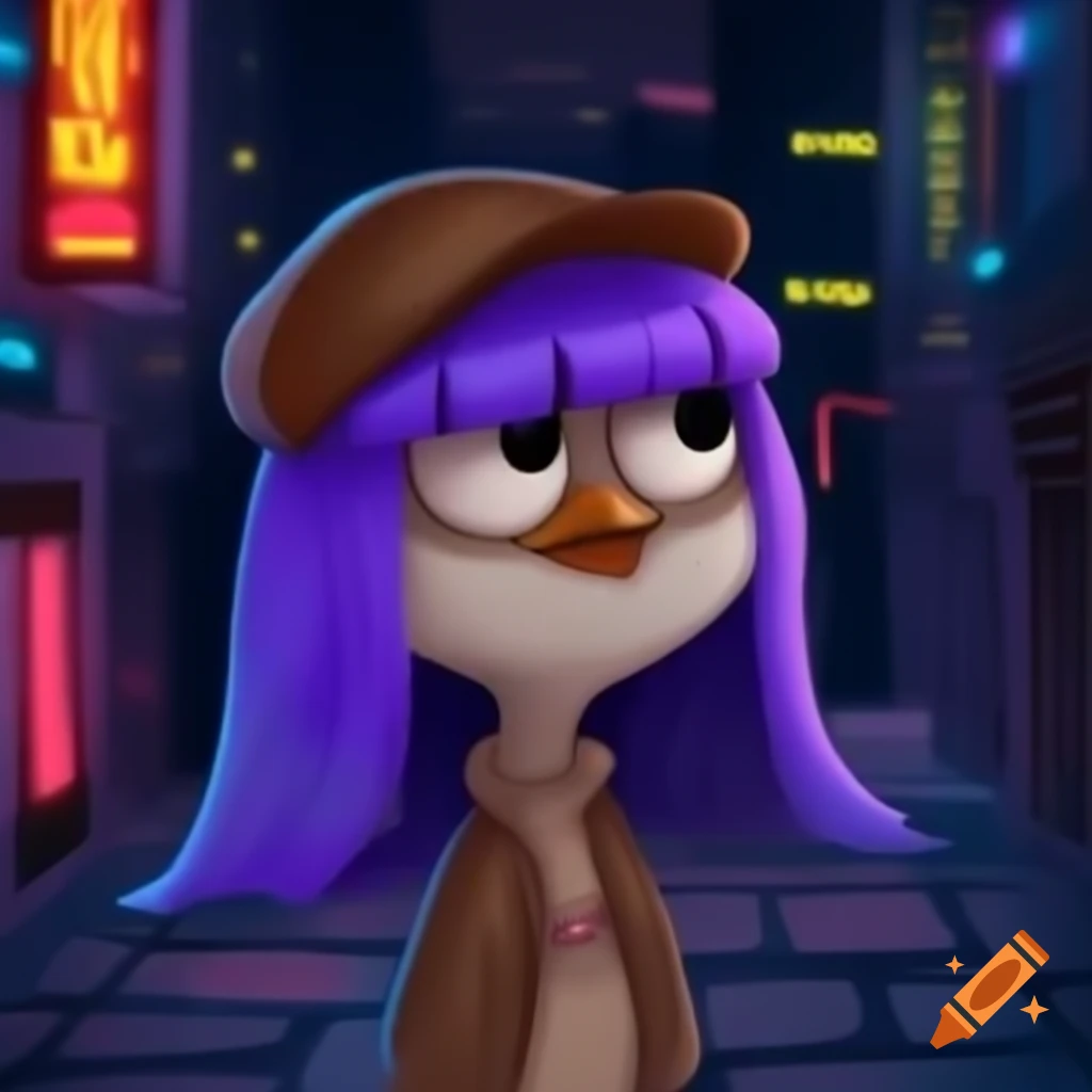 Emo quail with purple wig and brown flat cap in futuristic city with ...