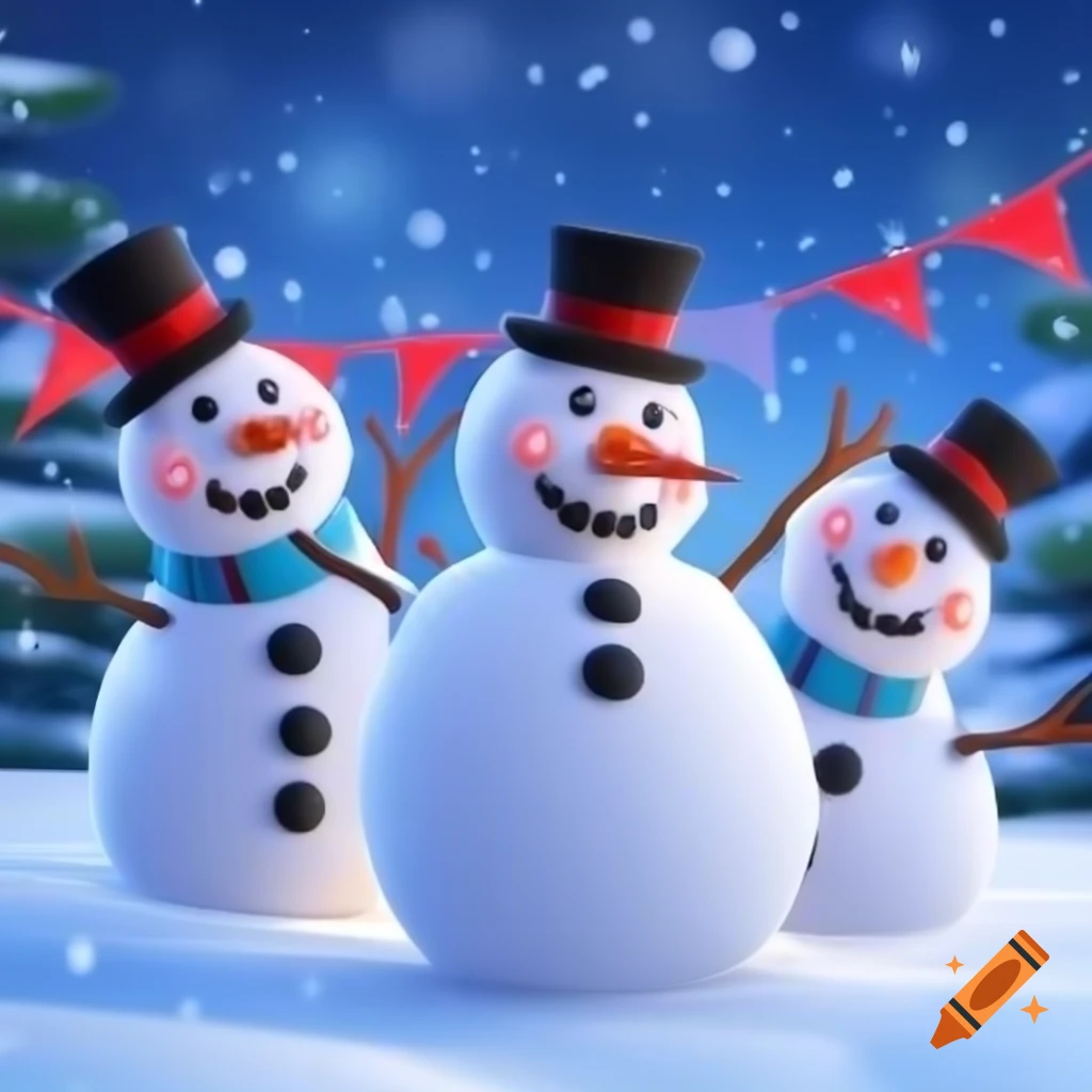 Three cartoon snowmen dancing in snow with 'HAPPY HOLIDAYS!' banner on ...