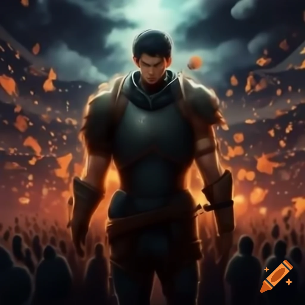 Wounded protagonist stands before defeated enemies with fierce resolve ...