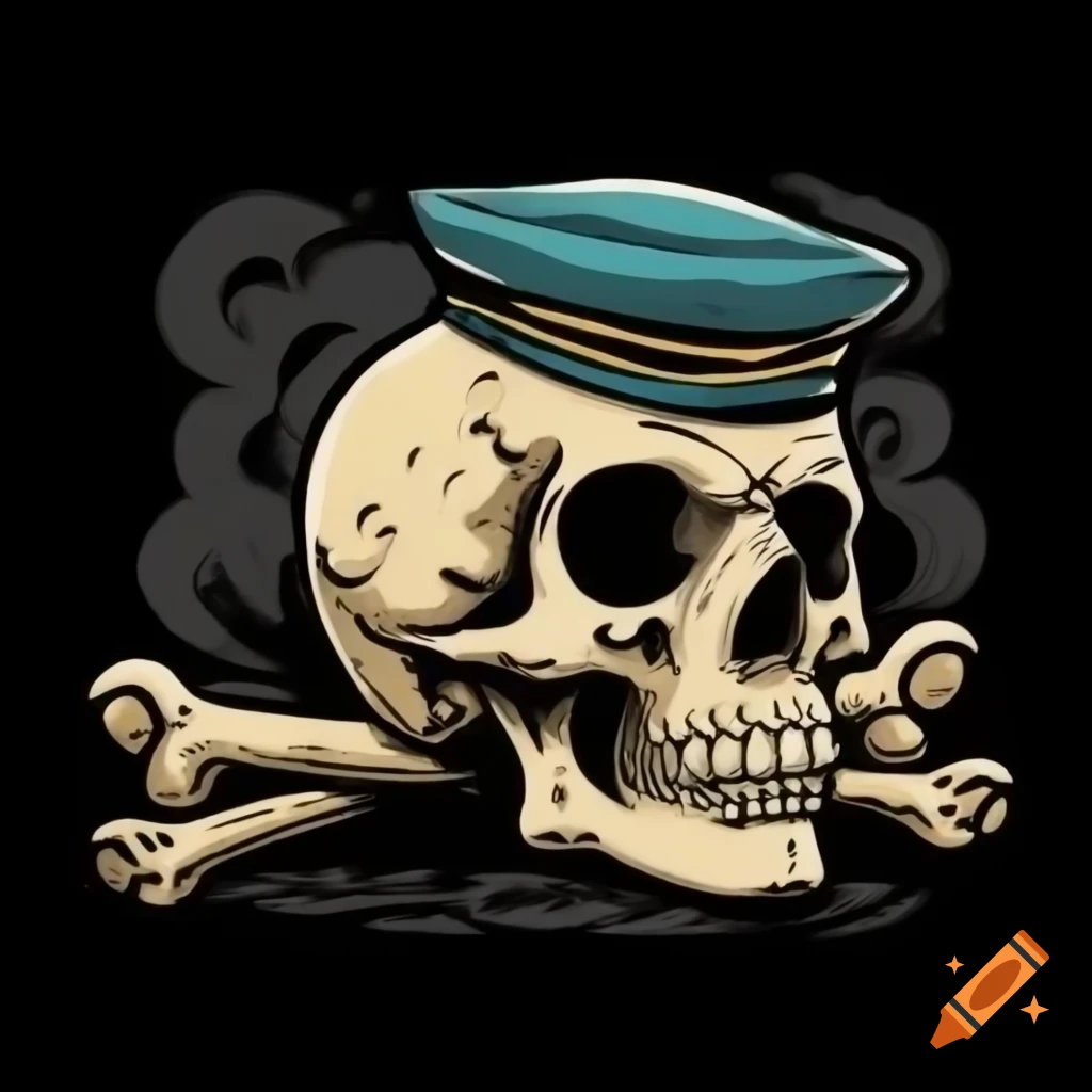 Weathered skull with sailor's hat against black backdrop, hinting at ...