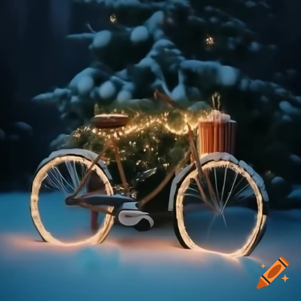 Vintage bicycle with twinkling lights under snowy Christmas tree on Craiyon