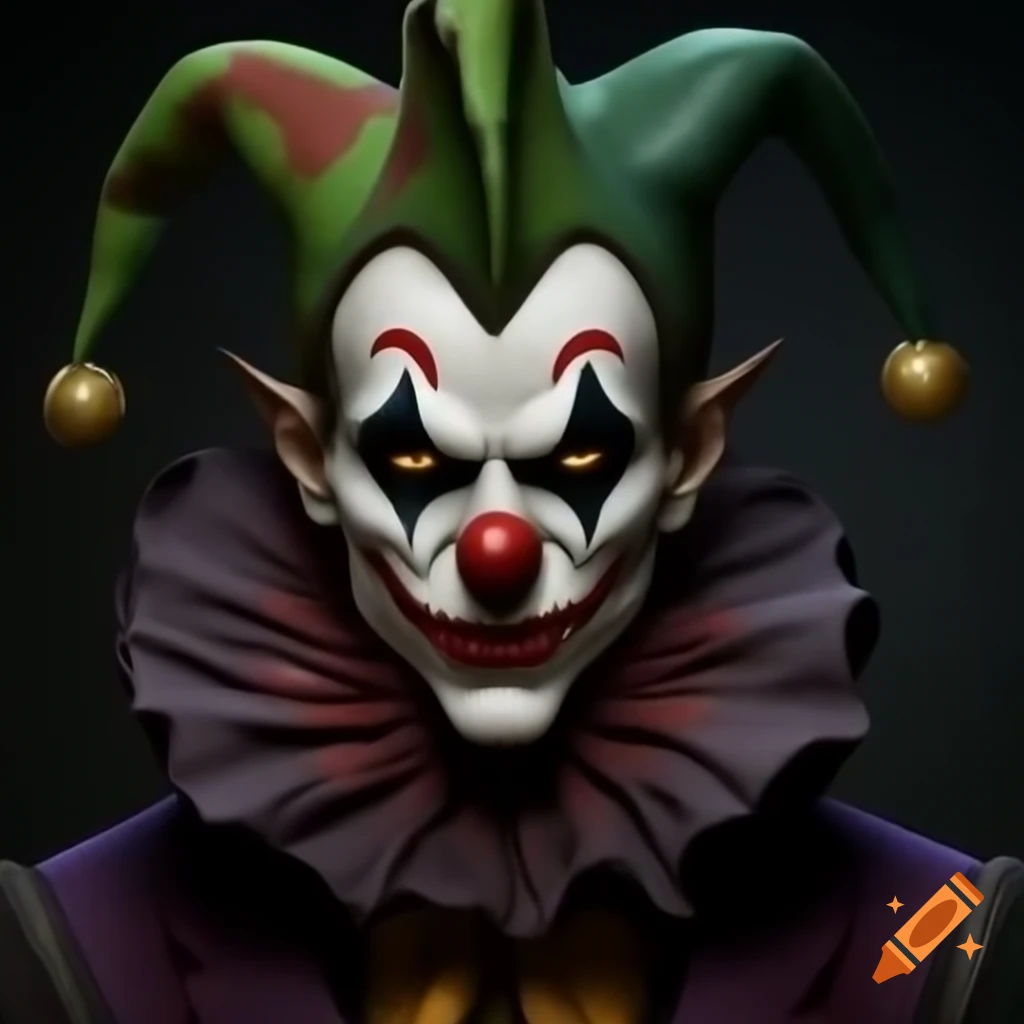 Villainous man in stylish jester attire with elaborate makeup and horn ...