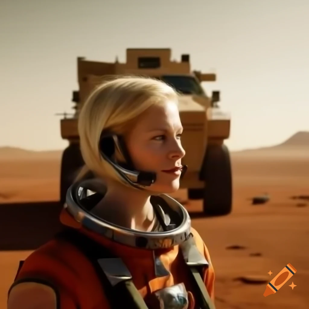 Close-up of female NASA astronaut with Mars military vehicle on rust ...