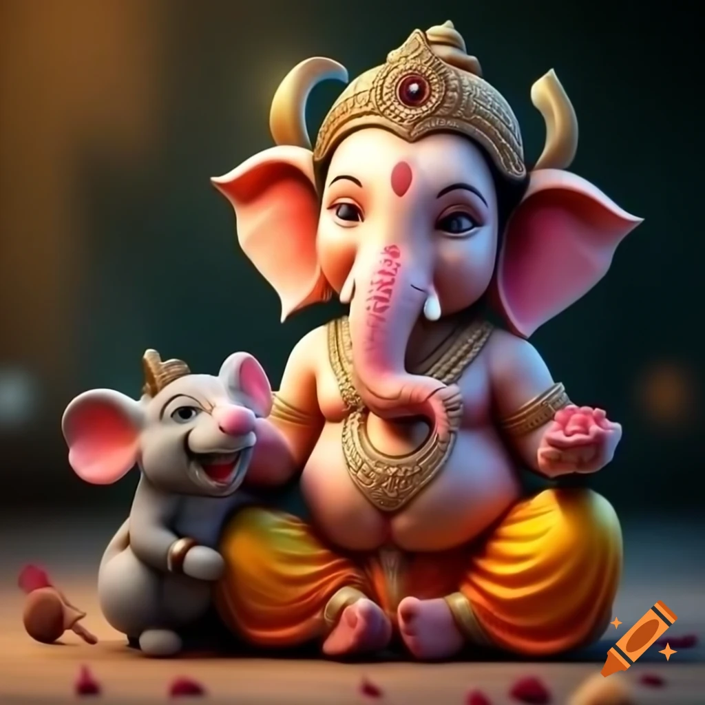 Cartoon depiction of Shri Ganesh with mouse and laughter on Craiyon