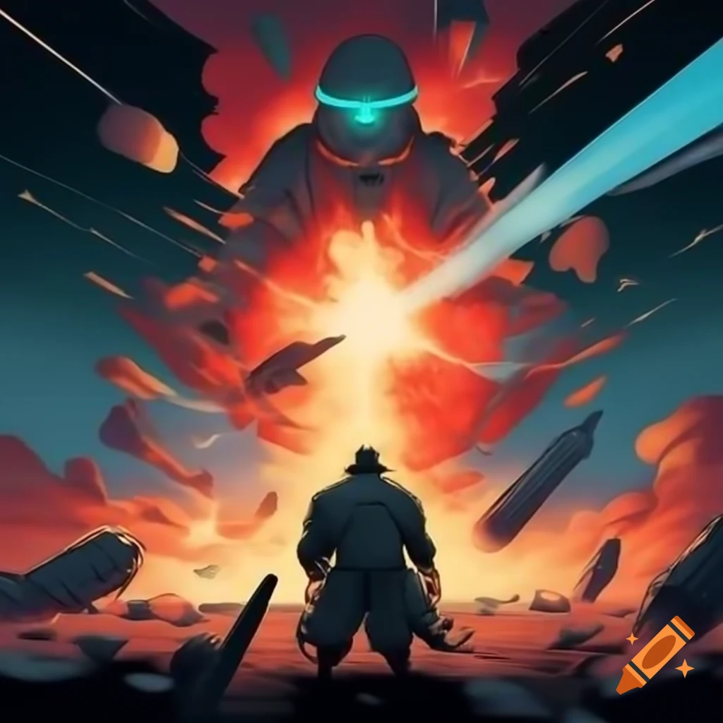 Futuristic battlefield with protagonist fighting enemies and glowing ...