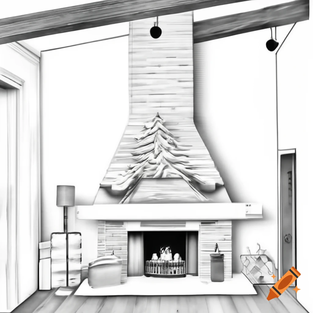 High contrast 2D black and white fireplace scene decorated for ...