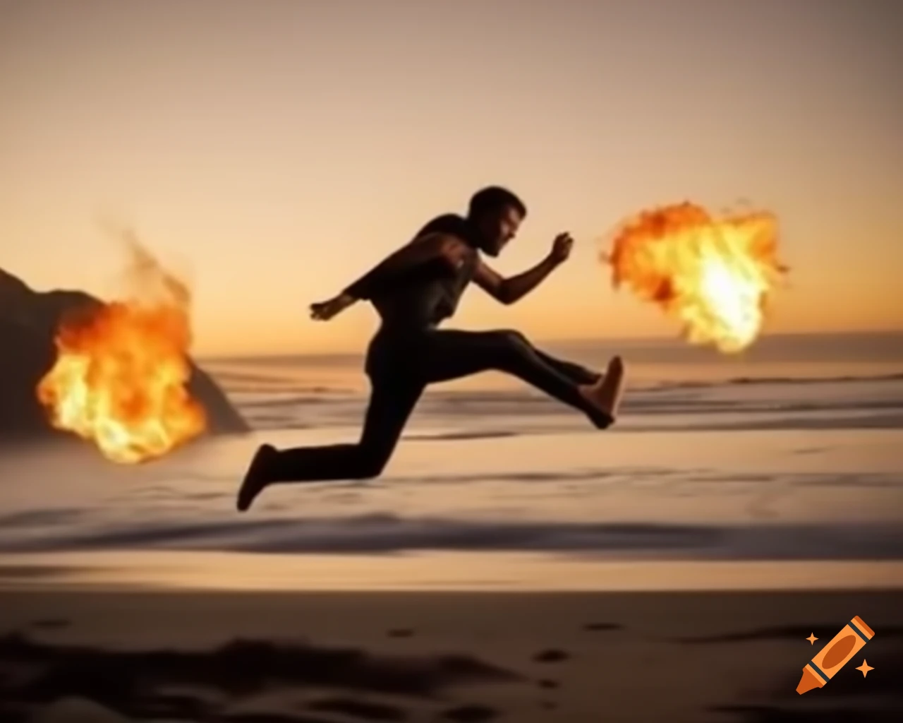 Man jumping over fire on Los Angeles beach with zombies in the ...