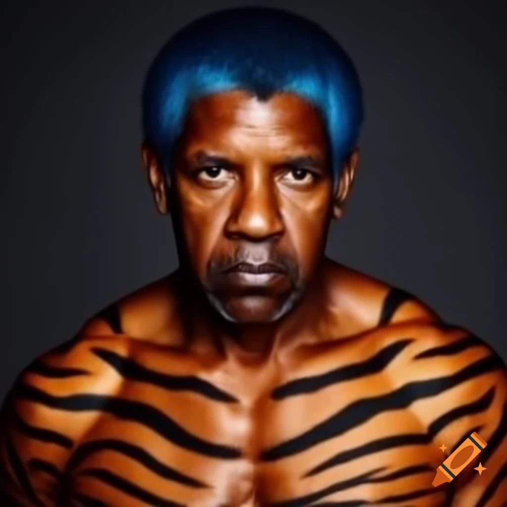 Muscular man with tiger-style makeup featuring blue hair and orange ...