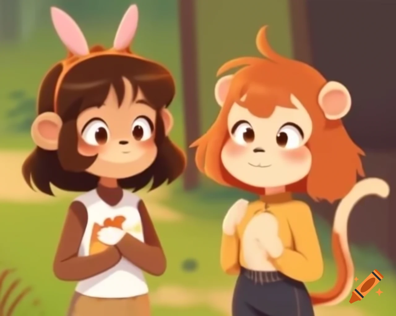 Anime depiction of two anthropomorphic monkey girls in a zoo sharing a ...