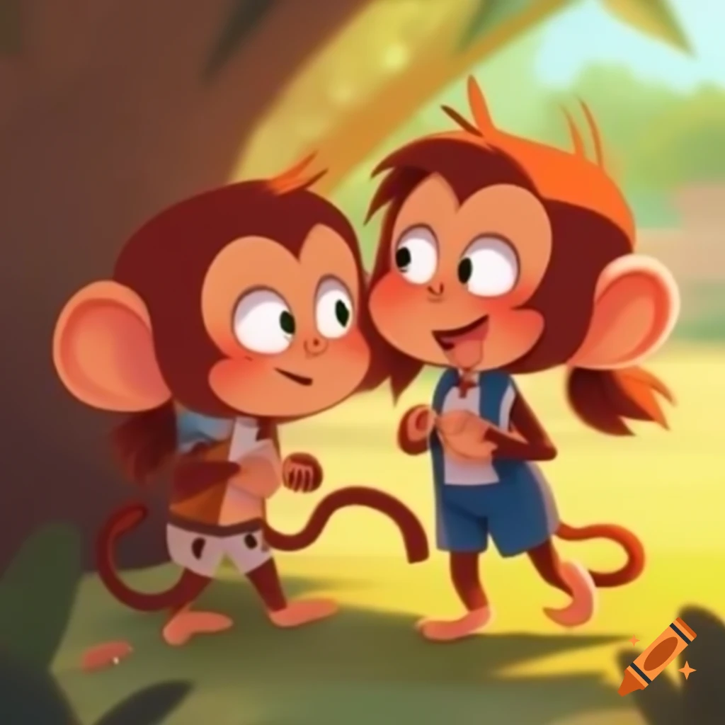 Two anthropomorphic monkey girls sharing a moment in a zoo, anime style ...