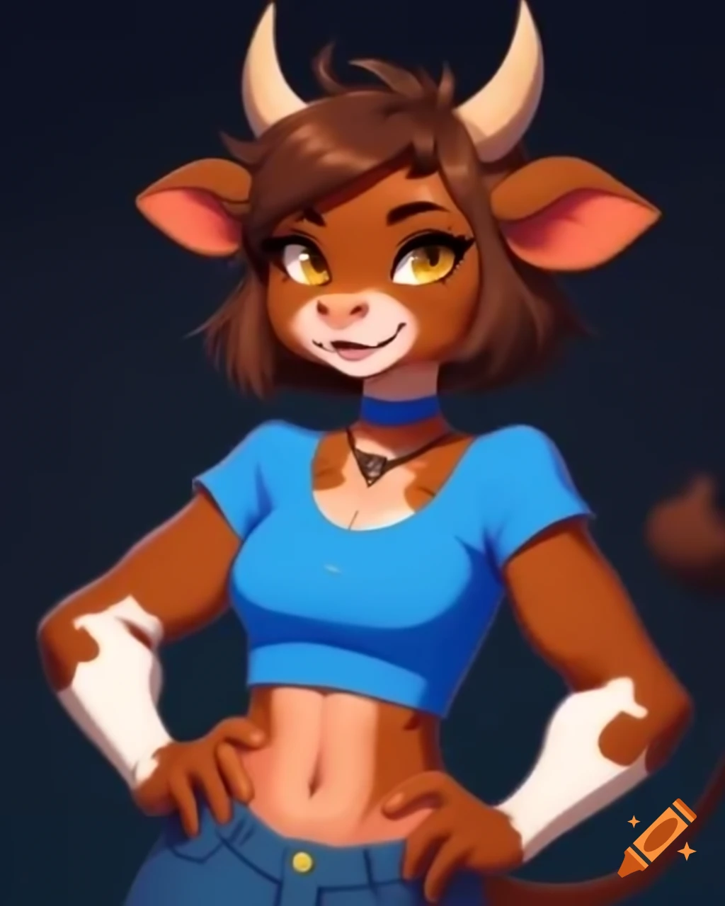 Anthro cow girl with short brown hair in blue crop top posing ...