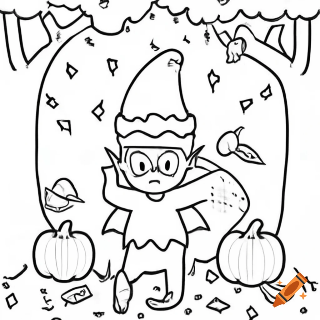 Mischievous elf playing in autumn forest with leaves and pumpkins ...