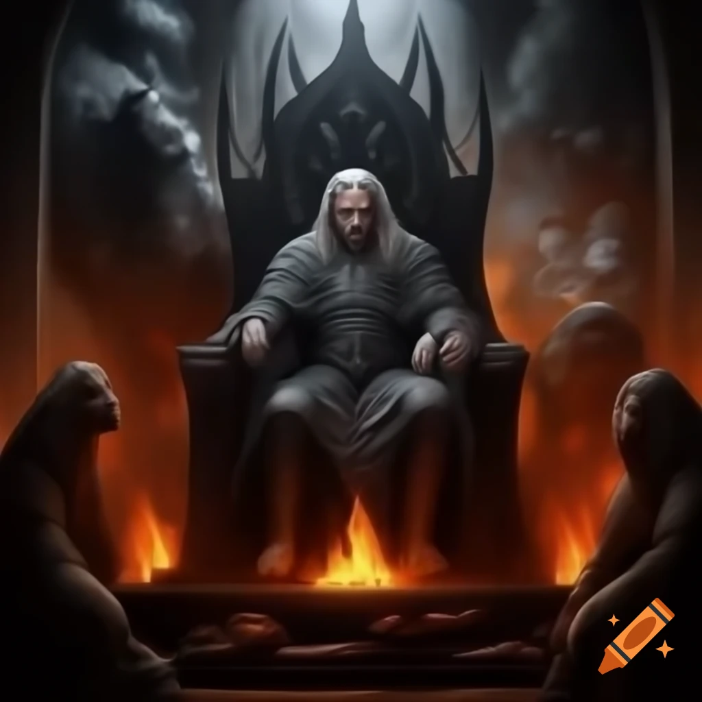 Dark kingdom with stone thrones and flames, figure on throne surrounded ...
