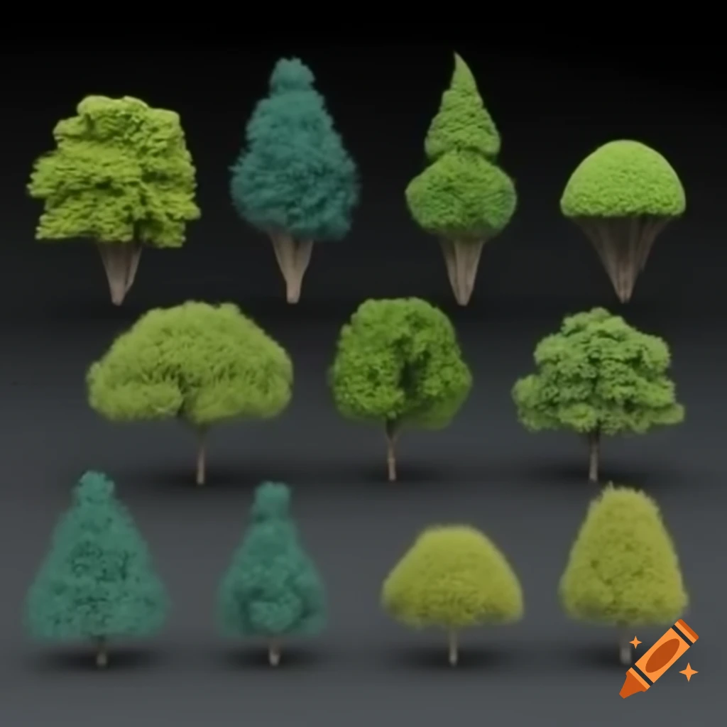 Low poly PS1 style art featuring multiple trees and bushes on Craiyon