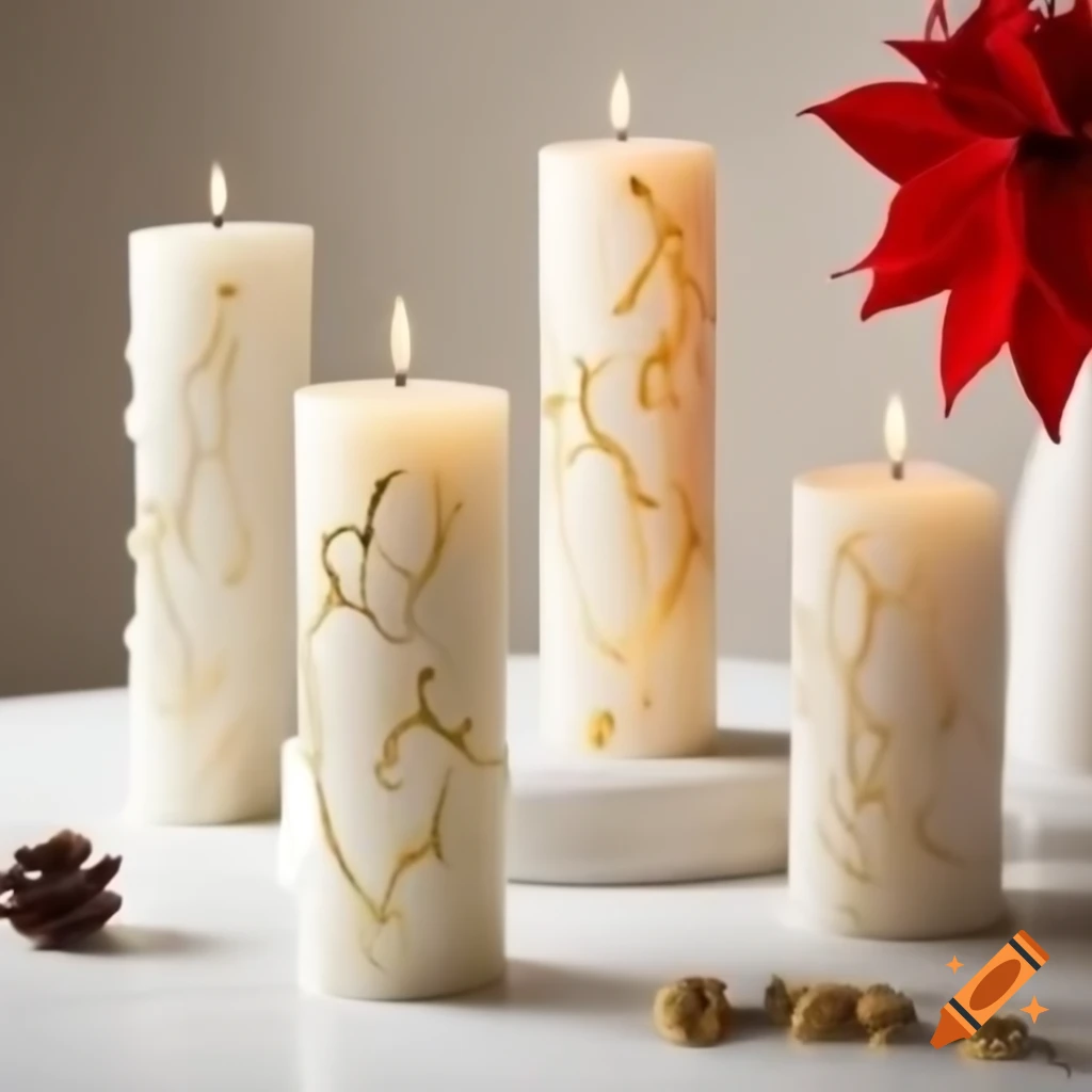 Elegant white Christmas candles with gold patterns of holly and ...