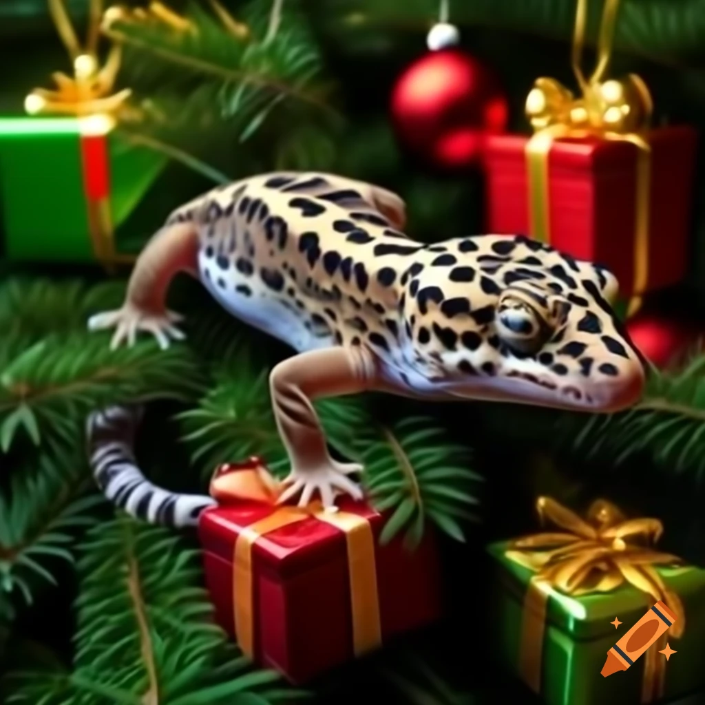 Leopard gecko basking in Christmas tree lights surrounded by presents ...