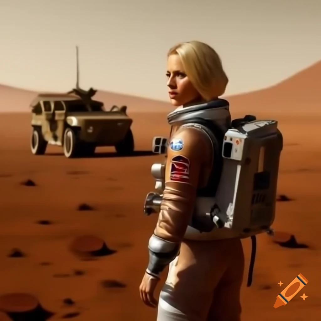 Close-up of female NASA astronaut with Mars military vehicle on rust-red Martian plains on Craiyon