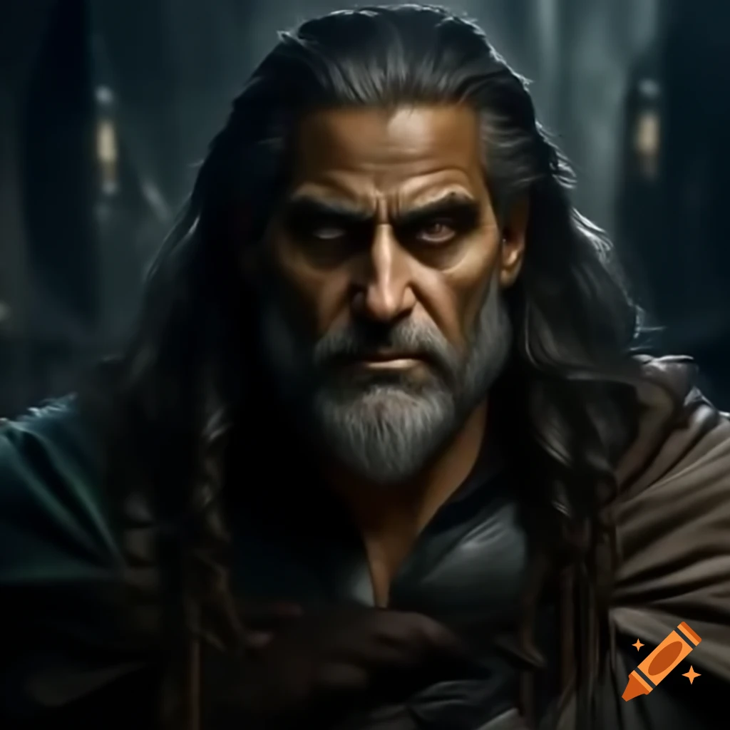 Clooney as a captivating medieval rogue with eye patch and long beard ...