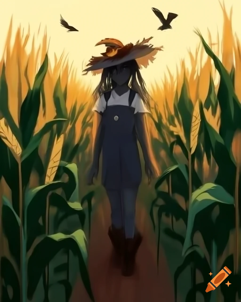 Anime female scarecrow in corn field chasing away crows on Craiyon