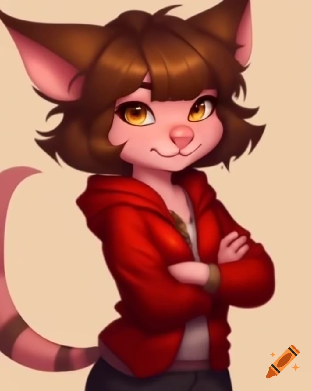 Anthro pig girl with brown hair in red jacket posing confidently on Craiyon