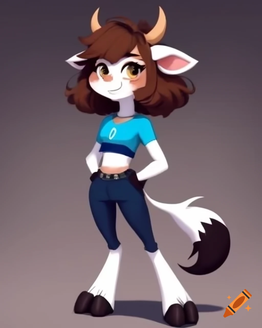 Anthro cow girl in blue crop top striking confident pose on Craiyon