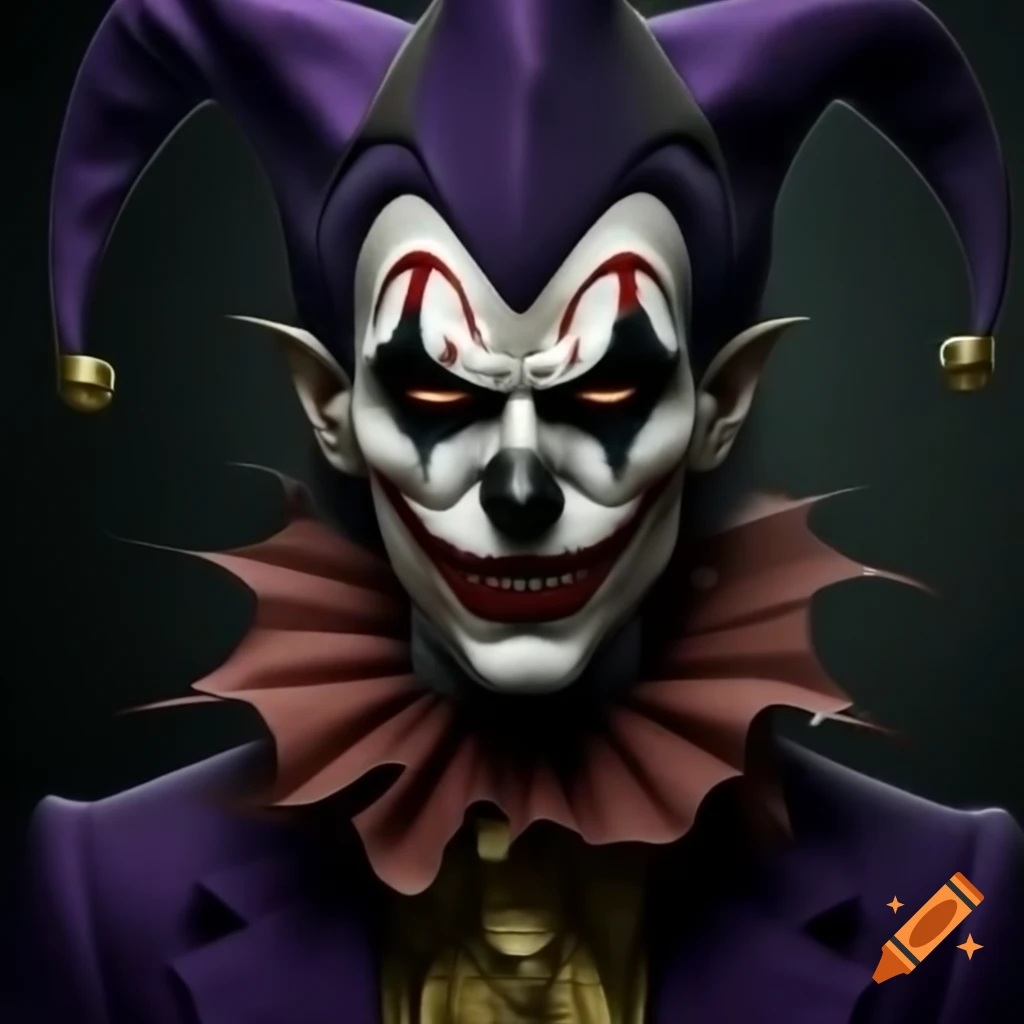 Fashionable villainous man with jester makeup and elaborate outfit on ...