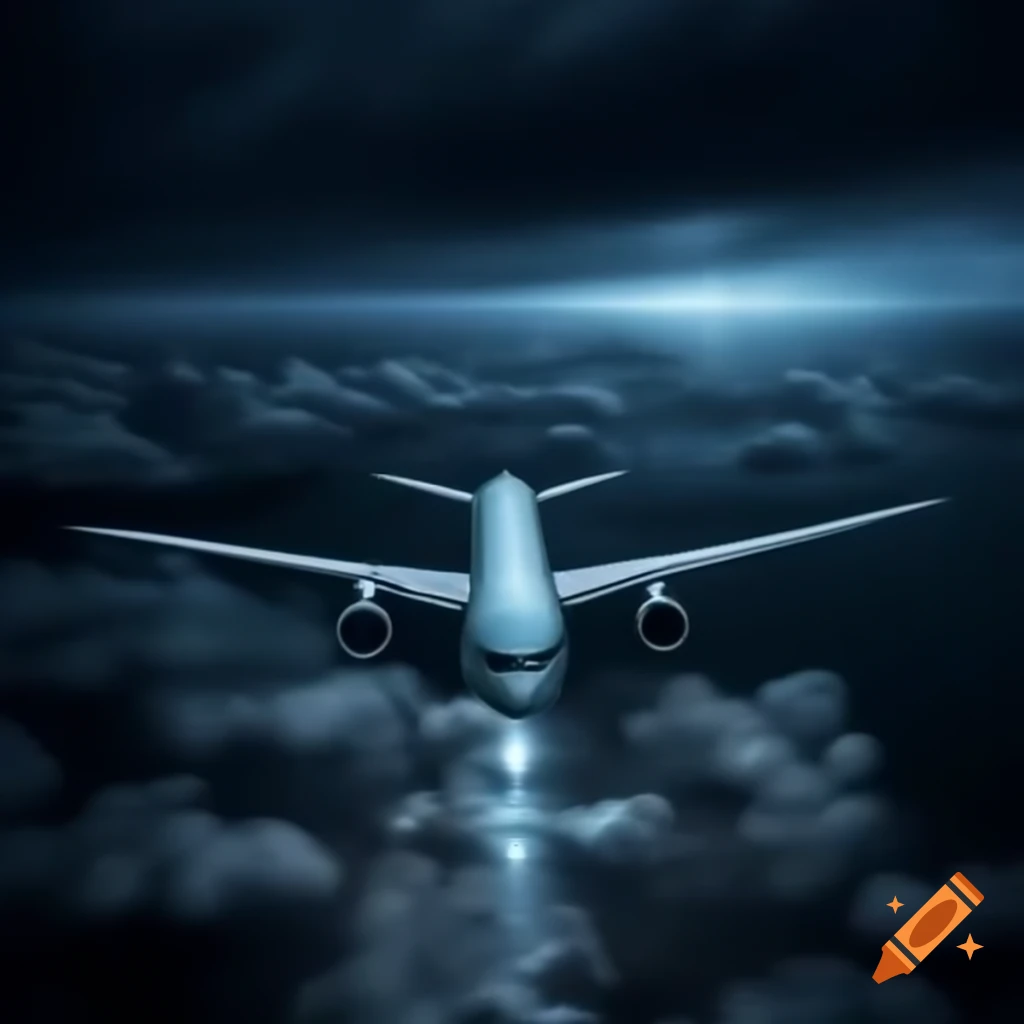 Mysterious airplane flying over ocean at night with dark clouds and ...