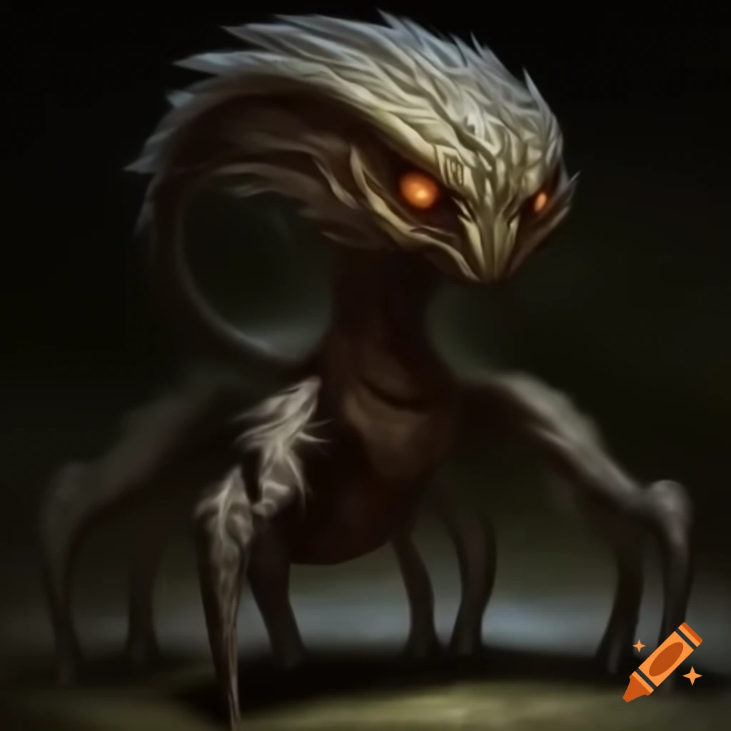 Shadowy multi-eyed creature with cobra-like body and spider legs on Craiyon
