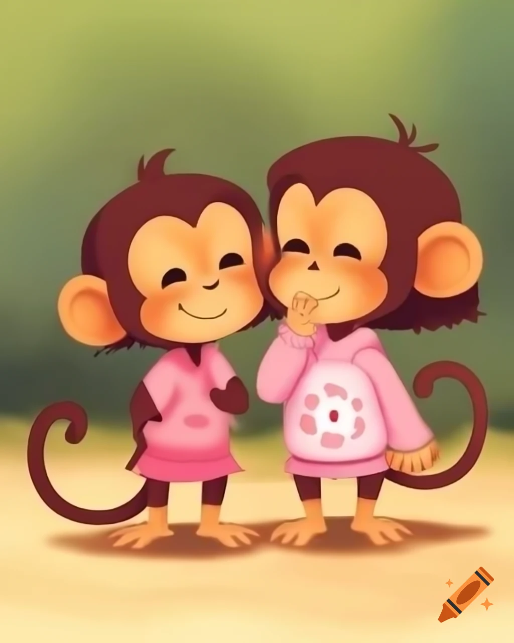 Two anthropomorphic monkey girls sharing a kiss in a zoo, anime style ...