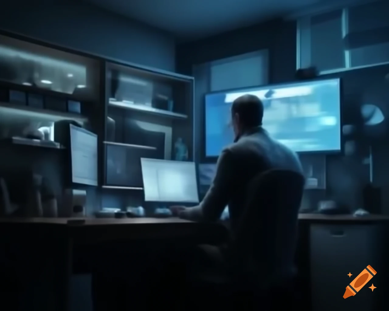 Hackers room with computer screen displaying 'gdi' on Craiyon