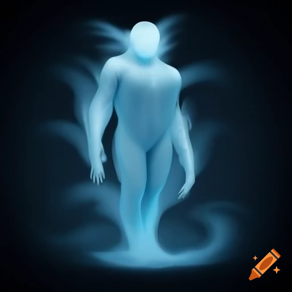 Humanoid figure made of swirling icy mist, shimmering like liquid ...