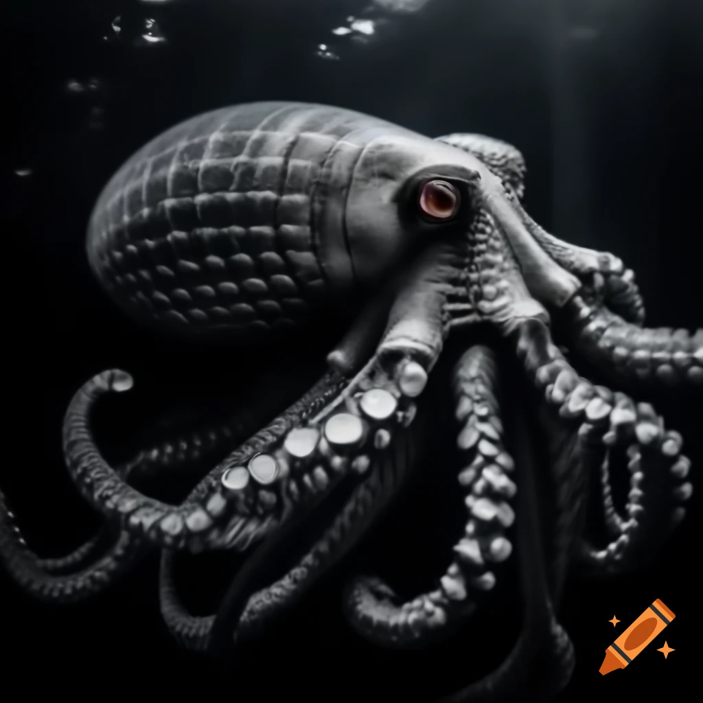 Giant squid in deep waters with light reflections, monochrome horror ...