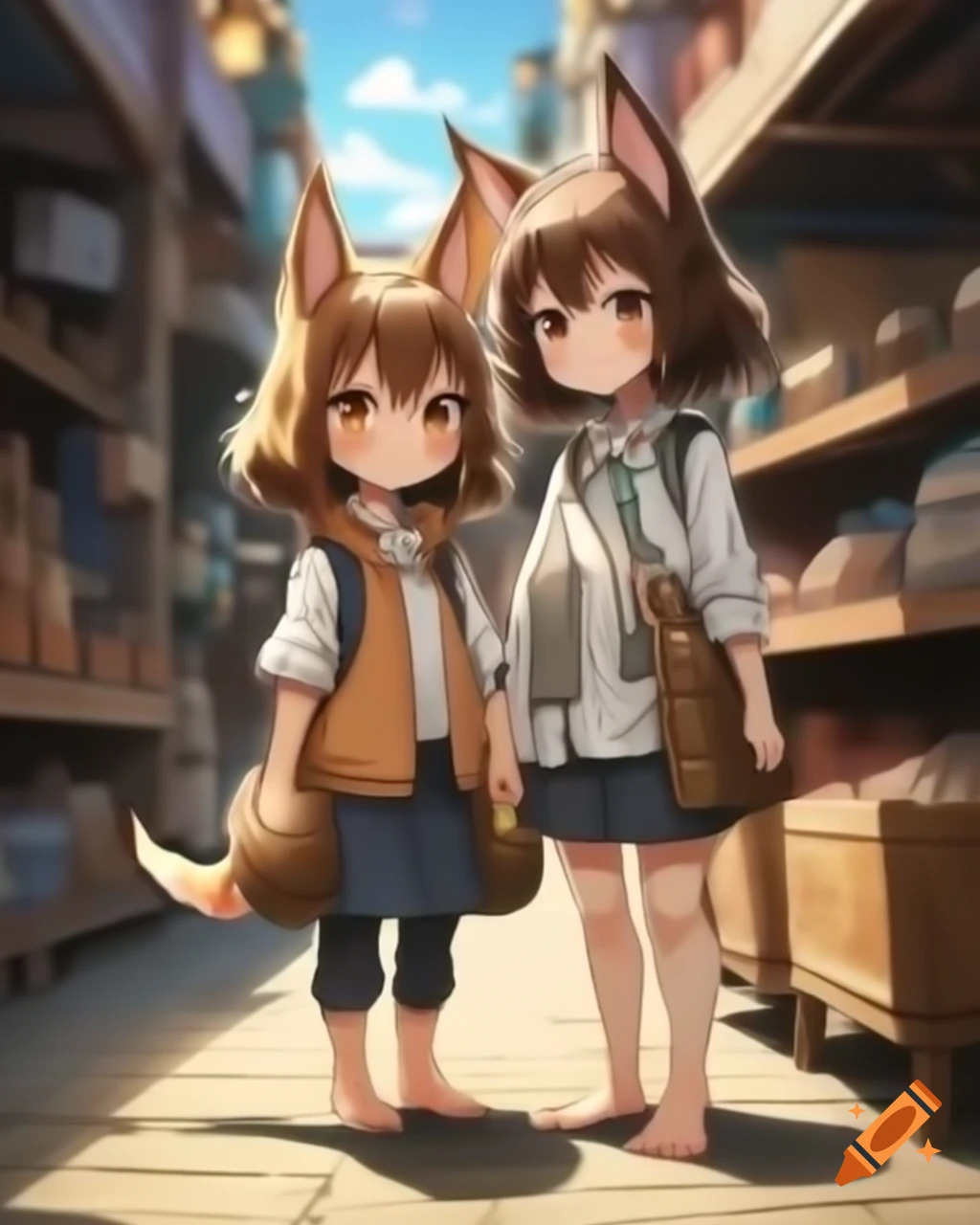 Two anthro dog girls in anime style at a crowded marketplace on Craiyon