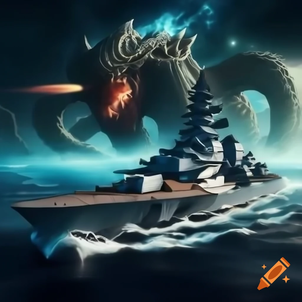 Modern naval destroyer confronting fictional cosmic entity Cthulhu with ...