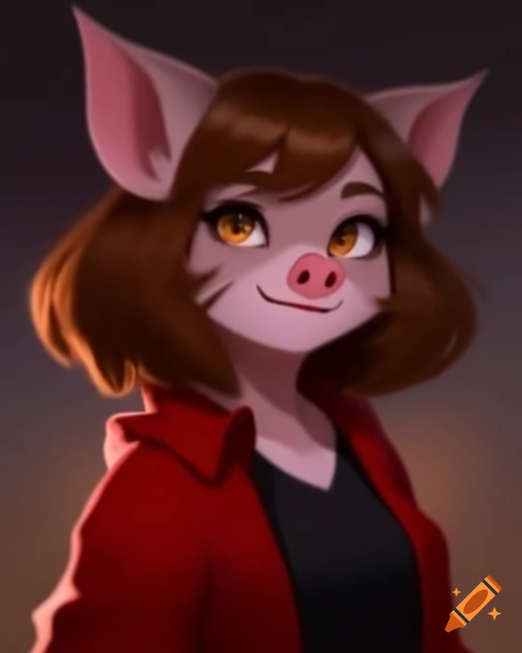 Anthro pig girl in red jacket posing confidently on Craiyon