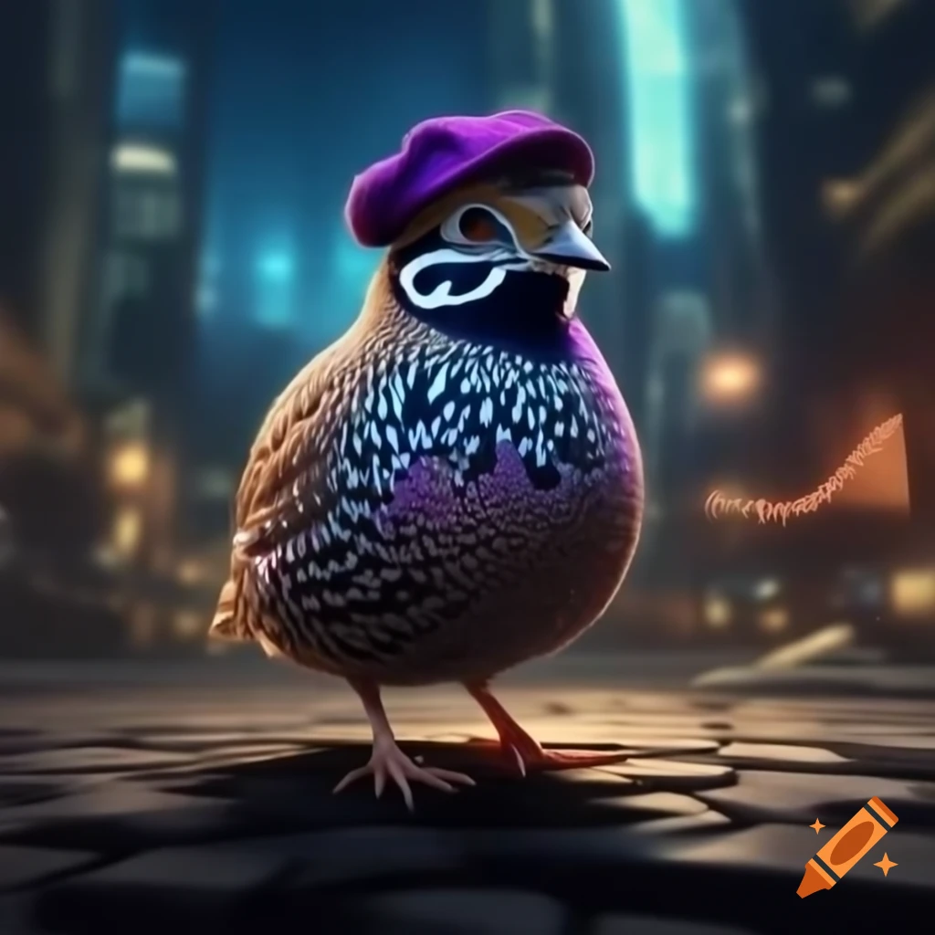 Dapper quail with purple wig and newsboy cap in futuristic cityscape on ...
