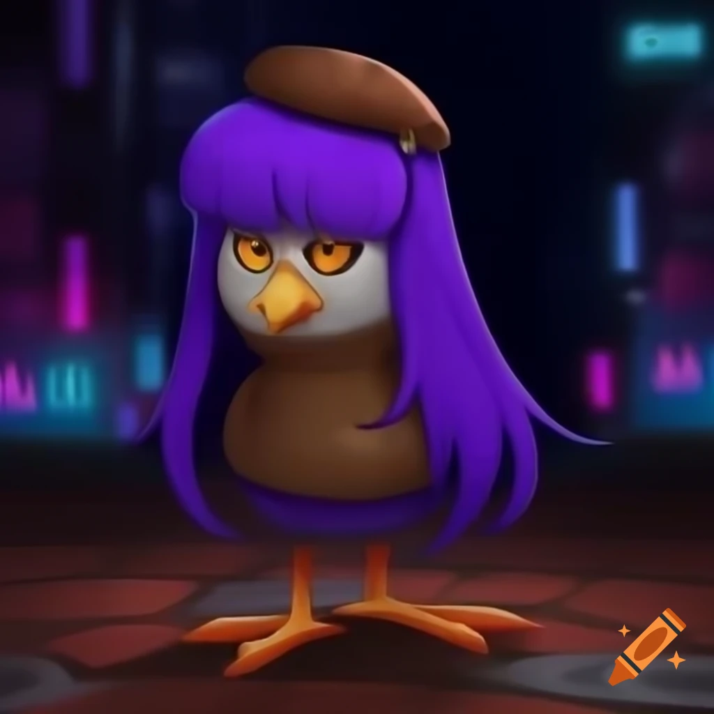 Emo quail in purple wig and brown flat cap in futuristic neon cityscape ...