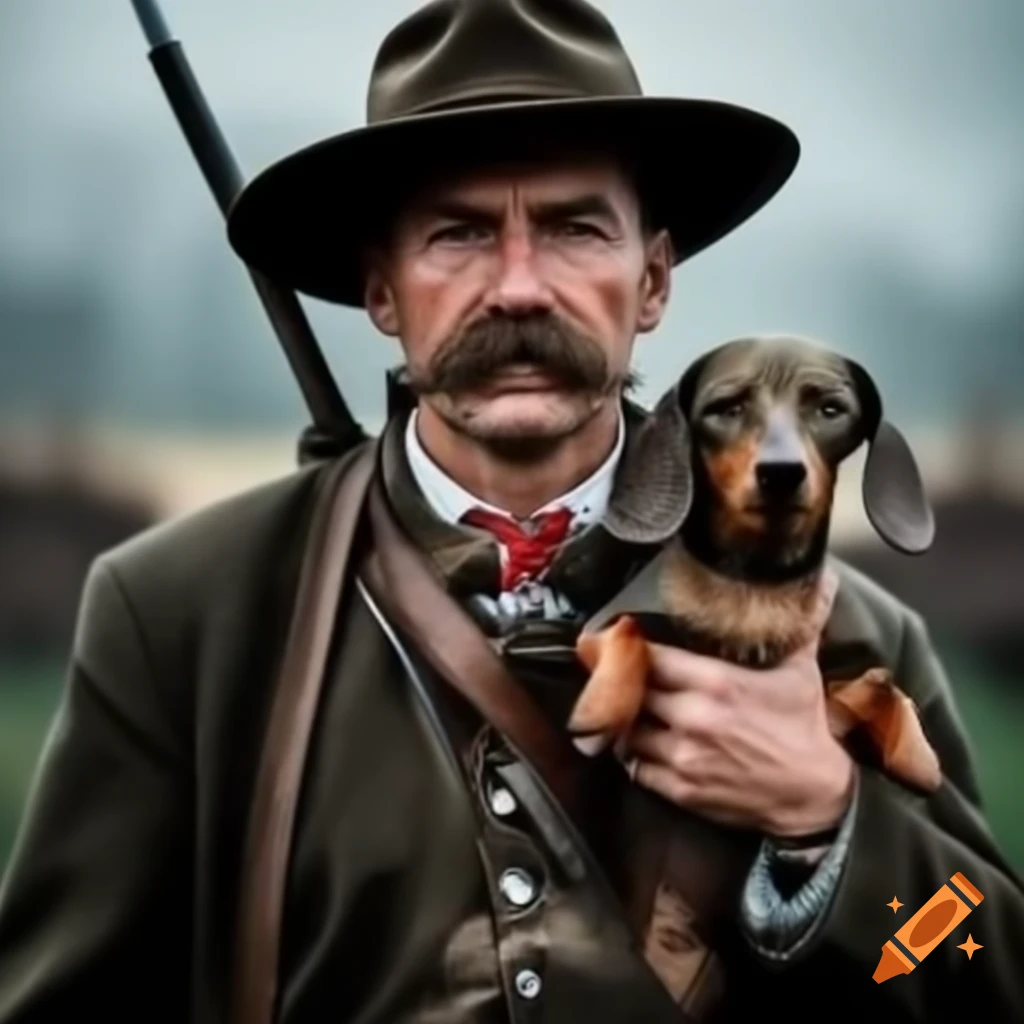 Traditional German hunter with moustache holding a Dachshund on Craiyon