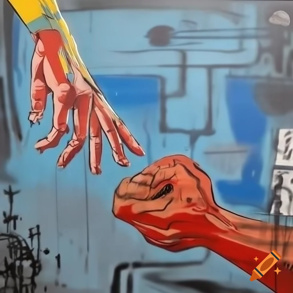 Abstract painting of God reaching for man's hand in diagonal ...